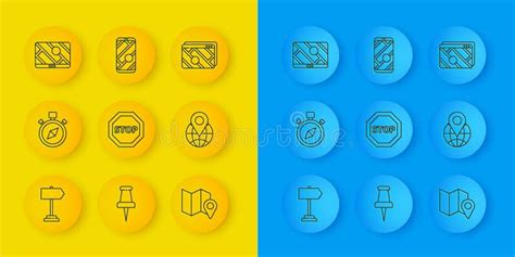 Set Line Road Traffic Sign Compass Stop Folded Map With Location Marker Location The Globe