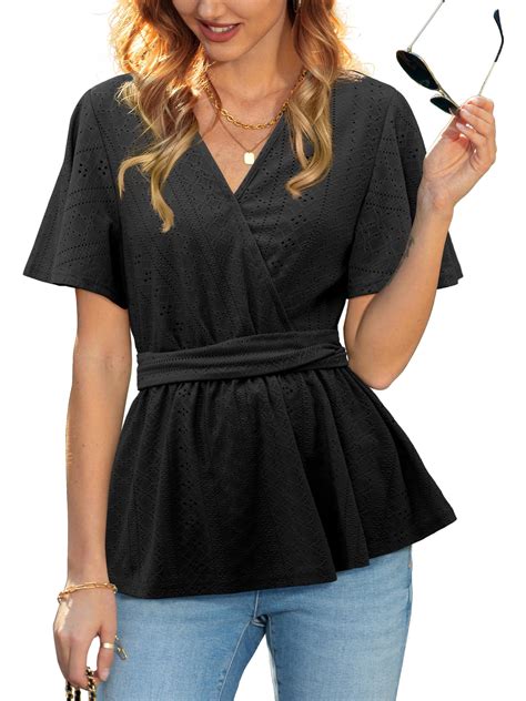 Jylfc Peplum Tops For Women Ruffle Short Sleeve V Neck Wrap Blouse