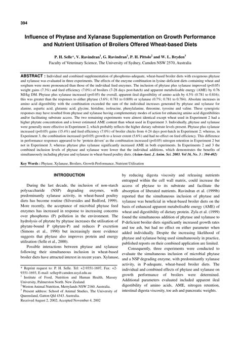 Pdf Influence Of Phytase And Xylanase Supplementation On Growth Performance And Nutrient