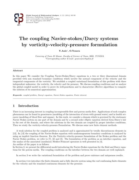Pdf The Coupling Navier Stokesdarcy Systems By Vorticity Velocity Pressure Formulation
