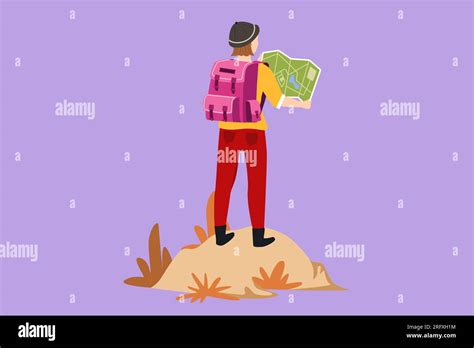 Cartoon Flat Style Drawing Back View Of Woman Hiker With Backpack And