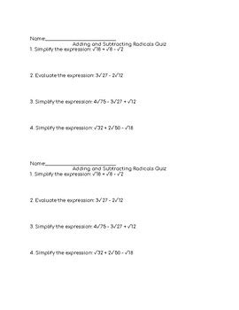 Adding And Subtracting Radicals Quiz With Answer Key TPT