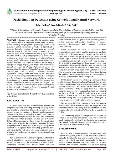 Irjet Facial Emotion Detection Using Convolutional Neural Network