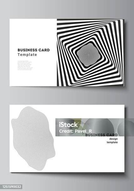 두 개의 크리에이티브 명함 디자인 템플릿의 최소 추상 벡터 일러스트 레이아웃입니다 착시 블랙과 화이트 디자인 패턴이 있는 추상적인 3d 기하학적 배경 0명에 대한 스톡 벡터