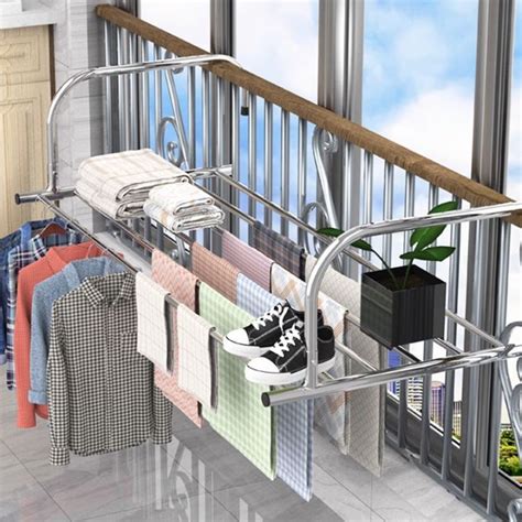 Aw ราวตากผ้าแขวนขอบระเบียง ราวตากผ้าสแตนเลสแท้304 ราวตากผ้าคอนโด ชั้นวางรองเท้า ติดตั้งง่าย มี
