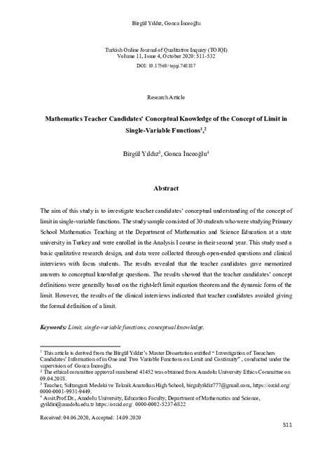 Pdf Mathematics Teacher Candidates Conceptual Knowledges Of The Concept Of Limit In Single