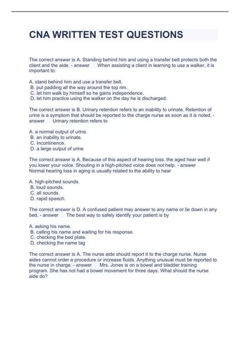 Cna Written Test Questions Questions With Correct Answers 2024 Cna Stuvia Us