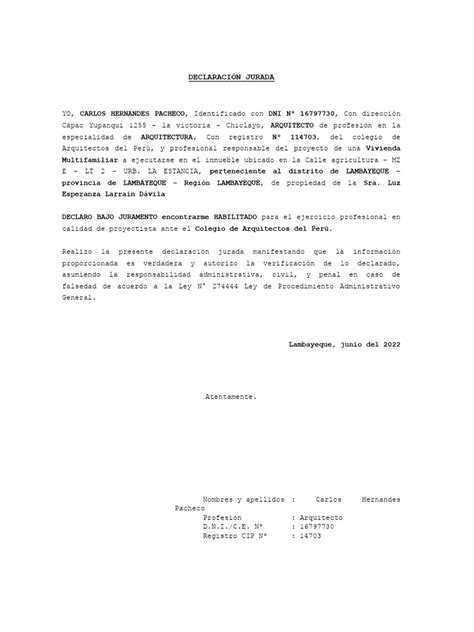 Declaracion Jurada Arquitectura Pdf