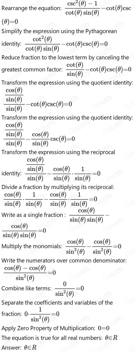 Solved Verify that csc θ cot θ sin θ cot θ csc θ is an identity algebra