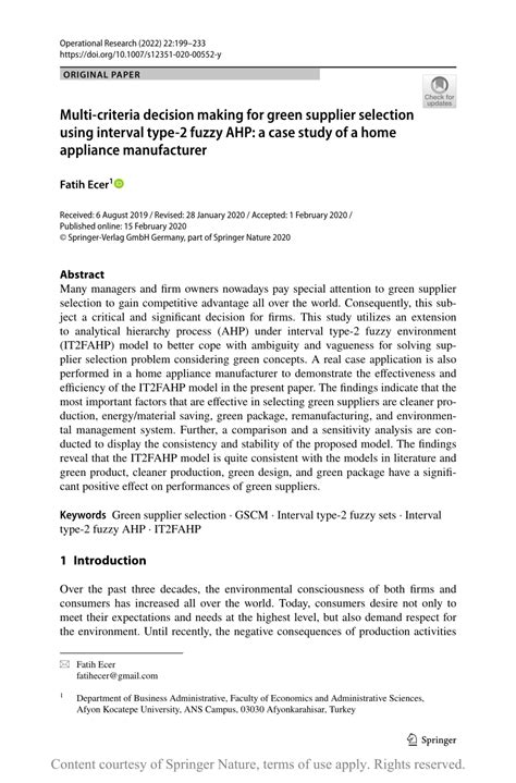 Multi Criteria Decision Making For Green Supplier Selection Using Interval Type 2 Fuzzy Ahp A