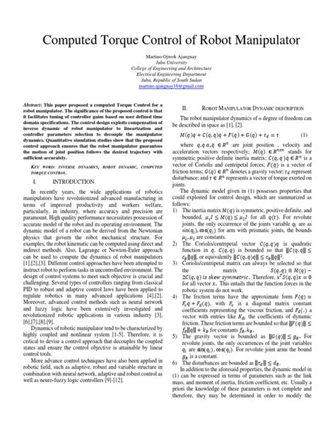 Computed Torque Control Of Robot Manipulator Corrected Ieee Pdf Control Theory