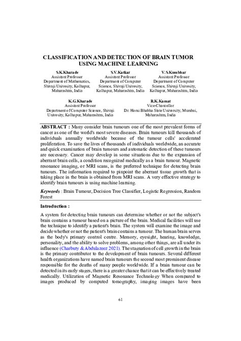 Pdf Classification And Detection Of Brain Tumor Using Machine Learning