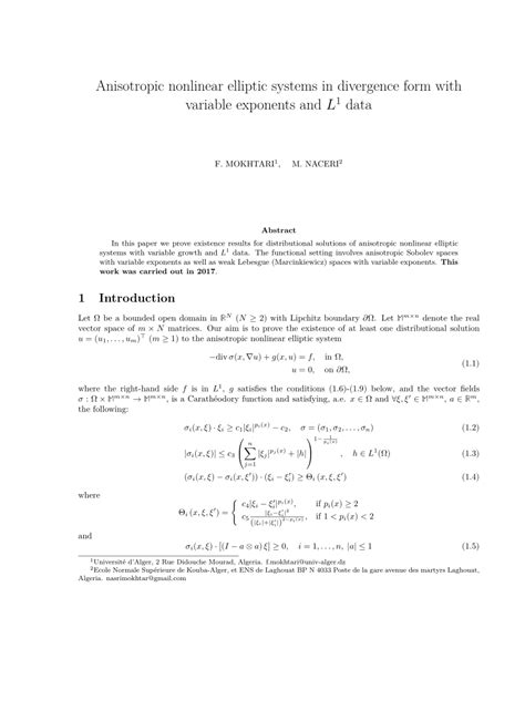 Pdf Anisotropic Nonlinear Elliptic Systems In Divergence Form With Variable Exponents And L 1 Data