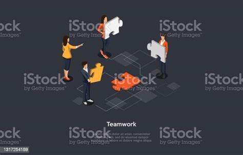 쓰기와 어두운 배경에 등색 3d 벡터 그림 만화 구성 사무실 팀워크 공생 개념 다른 퍼즐 요소를 유지 서 있는 사람들 인포그래픽 요소 팀워크에 대한 스톡 벡터 아트 및 기타