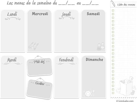 Menus De La Semaine à Imprimer Plannings Pdf Vierges Gratuits