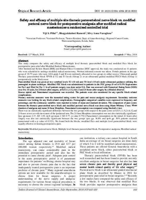 Pdf Safety And Efficacy Of Multiple Site Thoracic Paravertebral Nerve Block Vs Modified