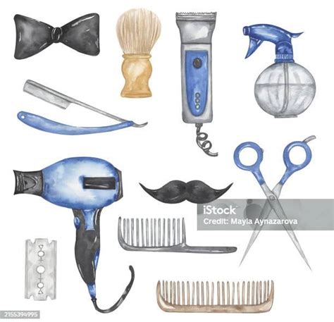 수채화 이발사 요소 클립 아트 세트 이발사 블레이드 가위 브러시 가위 미용사 손으로 그린 그림 아이 학교 카드 클립 아트 교육 직업과 그래픽 가위에 대한 스톡 벡터 아트 및