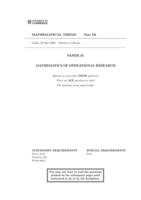 Mathematical Tripos Paper 35 Mathematics Of Operational Research Exams Mathematics Docsity