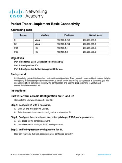 Packet Tracer Implement Basic Connectivity Pdf Ip Address