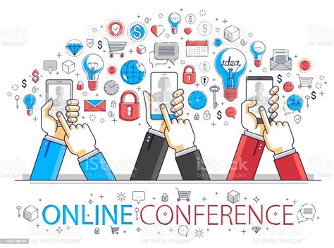 인터넷 팀웍 온라인 팀이 작동 하 고 가젯 및 응용 프로그램을 사용 하 여 회의를 전화와 태블릿 사업가 손 벡터 일러스트 레이 션 개념에 대한 스톡 벡터 아트 및 기타