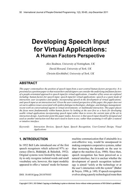 Pdf Developing Speech Input For Virtual Applications A Human Factors