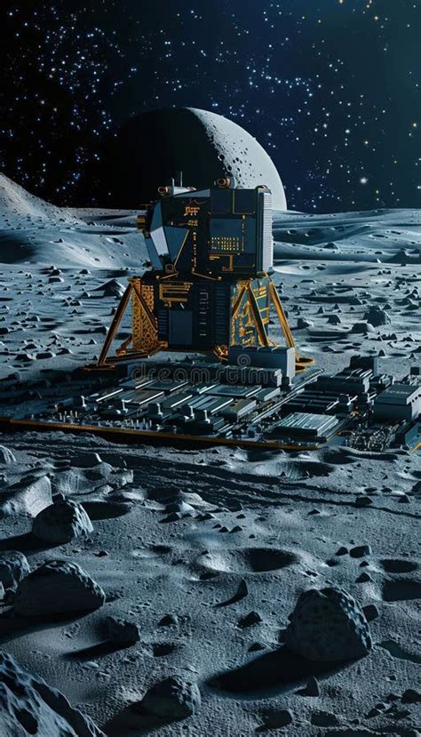 Graphic Of 3d Model Of Data Analysis On An Electronic Mainboard Set On The Lunar Surface Stock