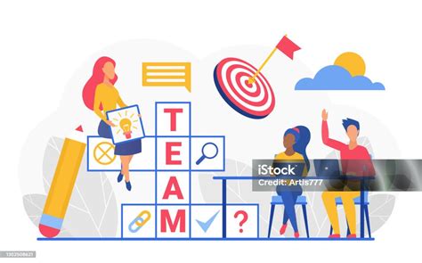 크로스 워드 퍼즐 옆에 일하는 팀 크로스 워드 퍼즐 만화 비즈니스 사람들 가로세로 낱말퍼즐에 대한 스톡 벡터 아트 및 기타