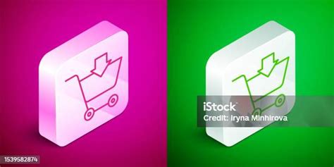 분홍색과 녹색 배경에 격리 된 쇼핑 카트 아이콘에 등색 줄 추가합니다 온라인 구매 개념 배달 서비스 기호 슈퍼마켓 바구니 기호 실버 스퀘어 버튼 벡터 3차원 형태에 대한
