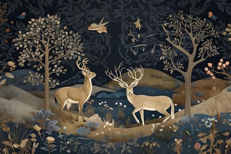 Ilustración de un ciervo en el bosque con un cielo estrellado Papel pintado mural azul oscuro de