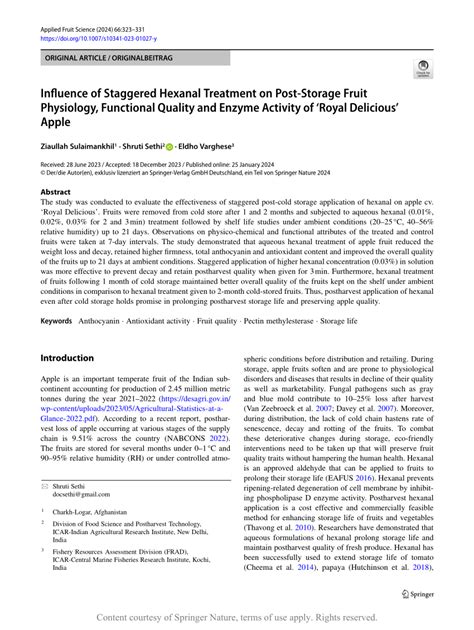 Influence Of Staggered Hexanal Treatment On Post Storage Fruit