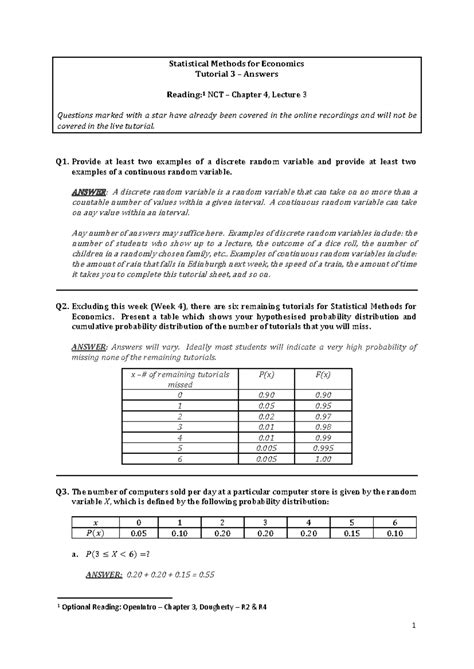 Tutorial 3 Answers Statistical Methods For Economics Tutorial 3 Answers Reading 1 Nct