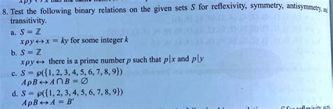 test the following binary relations on the given sets s for reflexivity