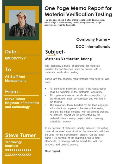 One Page Memo Report For Material Verification Testing Pdf Document Ppt Template