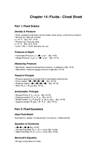 Chapter 14 Fluids Cheat Sheet Fluid Statics And Dynamics Overview
