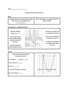 Graphing Quadratic Functions Notes By Pi A La Mode TPT