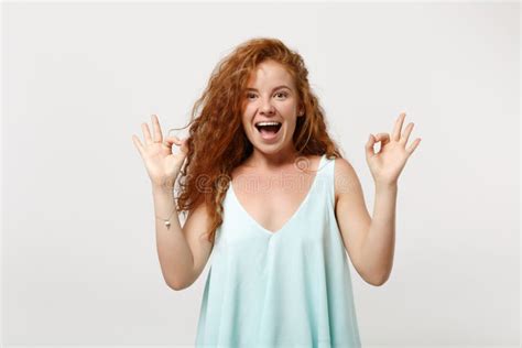 Young Excited Funny Redhead Woman Girl In Casual Light Clothes Posing