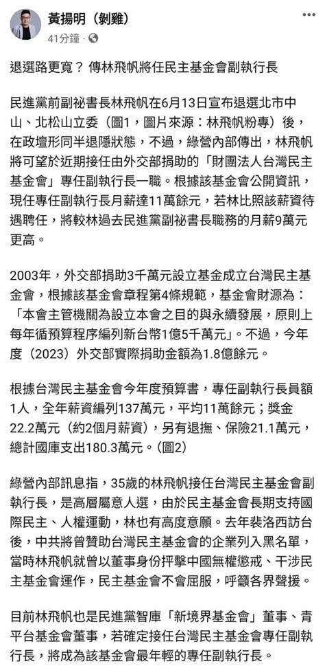 傳林飛帆將任民主基金會副執行長，月領11餘萬 時事板 Dcard