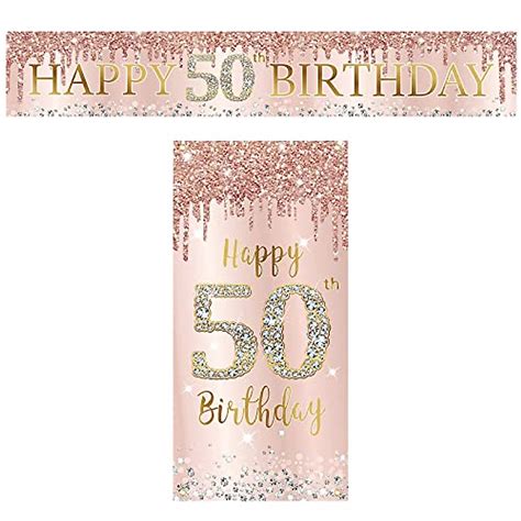 Happy 50th Birthday Banner Pink Rose Gold Party Decor