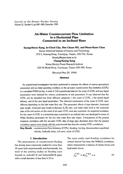 Pdf Air Water Countercurrent Flow Limitation In A Horizontal Pipe Connected To An Inclined Riser