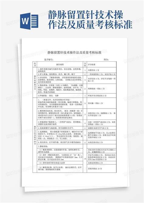 静脉留置针技术操作法及质量考核标准word模板下载 编号qvrzggvr 熊猫办公