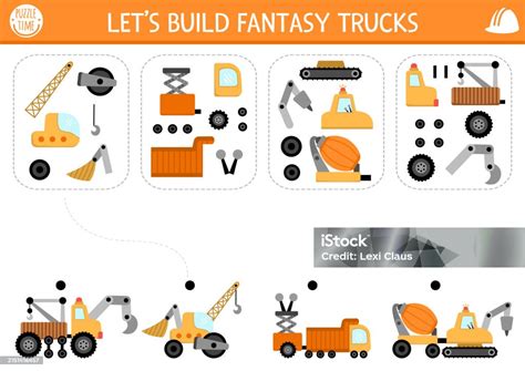 건설 현장 매칭 판타지 특수 기술 및 그 구성 요소와의 논리적 활동 예비 부품 퍼즐에서 트럭을 조립하십시오 부품 및 전체 개체 게임 인쇄 가능한 워크시트 일치 0명에 대한