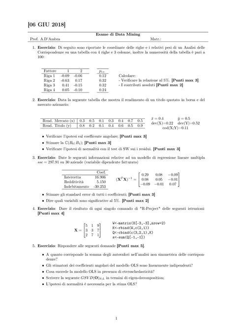 Esame Di Data Mining Prove Desame Di Statistica Docsity