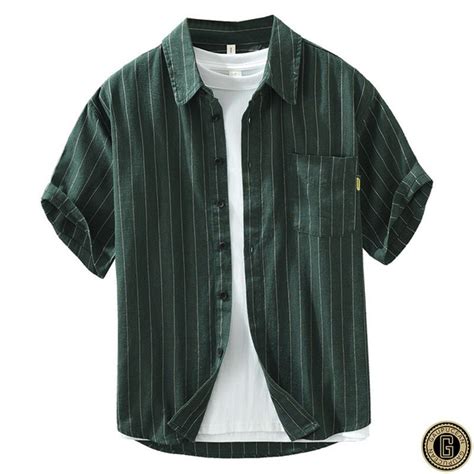 Рубашка Мужской темно зеленый Без рукавов Хлопок Лен Воротник Карманы Полоска размер 5