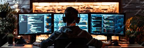 Focused Programmer Working Late At Night On Multiple Monitors A
