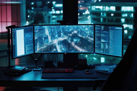 Night City Scene On Multiple Displays In A Modern Workspace Desk Setup