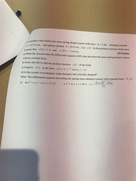 Solved Consider A Free Unforced Mass Spring Despot System