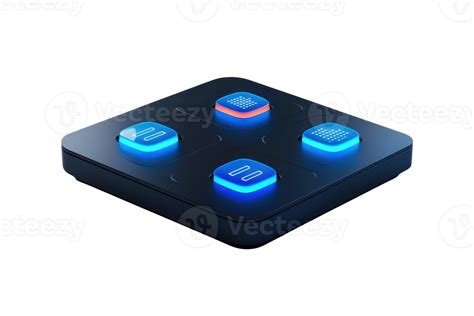 A Sleek Illuminated Control Panel Featuring Four Glowing Buttons With Distinct Symbols