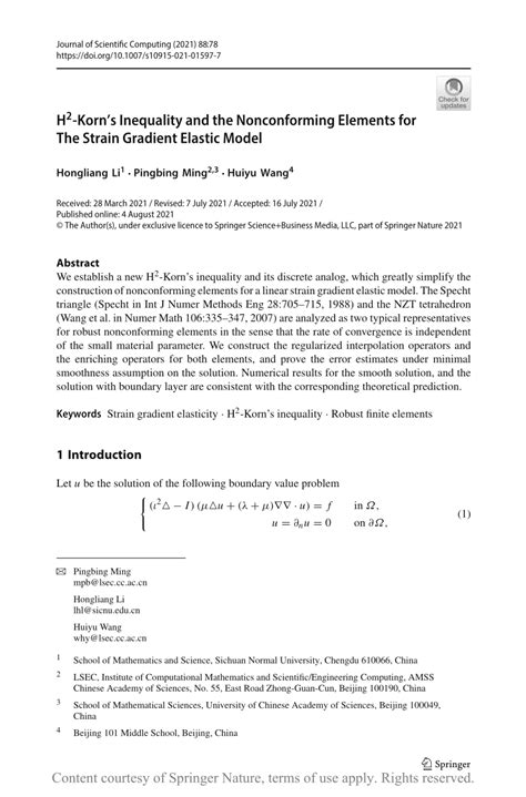H 2 Korns Inequality And The Nonconforming Elements For The Strain Gradient Elastic Model