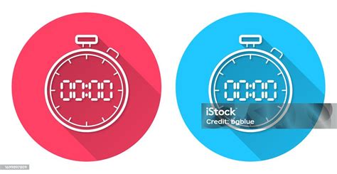 디지털 스톱워치 빨간색 또는 파란색 배경에 긴 그림자가 있는 둥근 아이콘 0에 대한 스톡 벡터 아트 및 기타 이미지 0 개념 경쟁 Istock