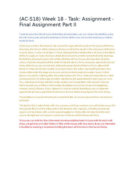 Ac S18 Week 18 Task Assignment Final Assignment Part Ii Visit Cuzco And Tour The